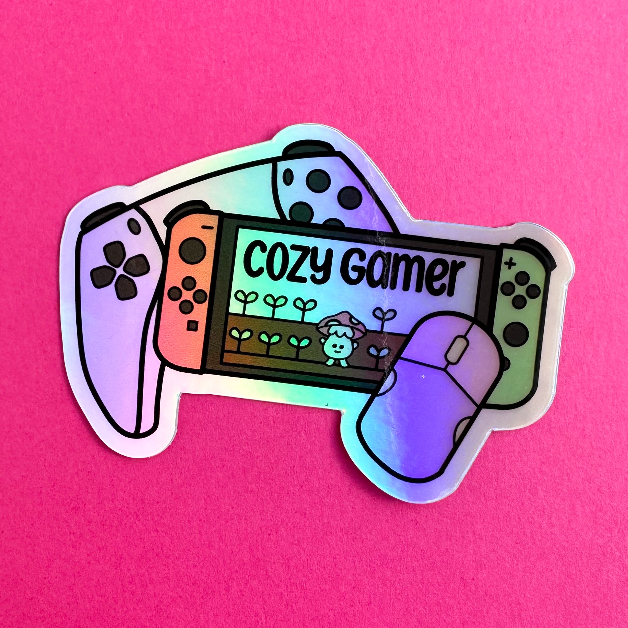 Cozy Gamer Holographic Sticker – Kitty With A Cupcake